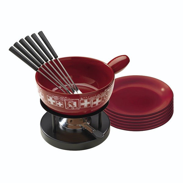 Kuhn Rikon Cheese Fondue Set Swiss Red Ceramic with 6 Plates 23cm ...